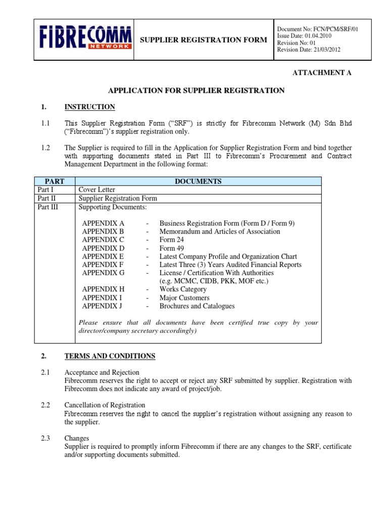Fibrecomm Supplier Registration Form | PDF | Telecommunication | Cable
