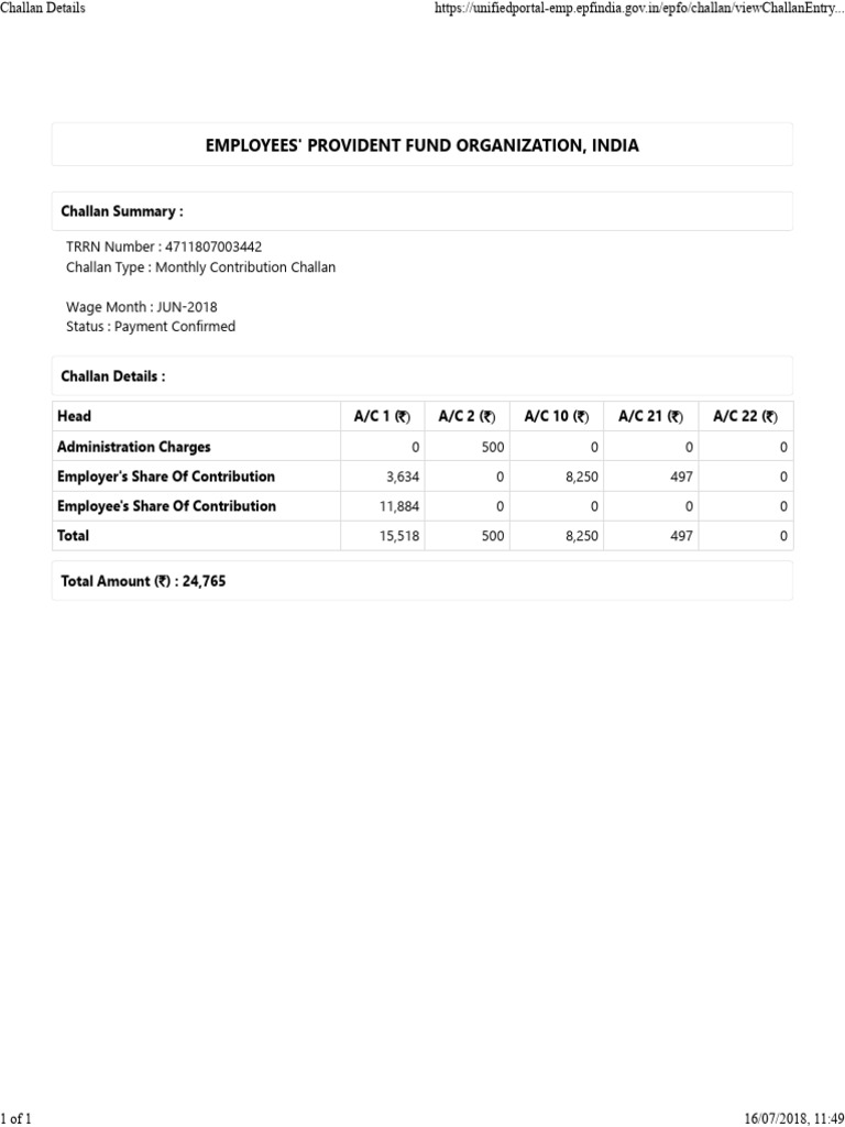 EPFO Monthly Contribution Summary | PDF