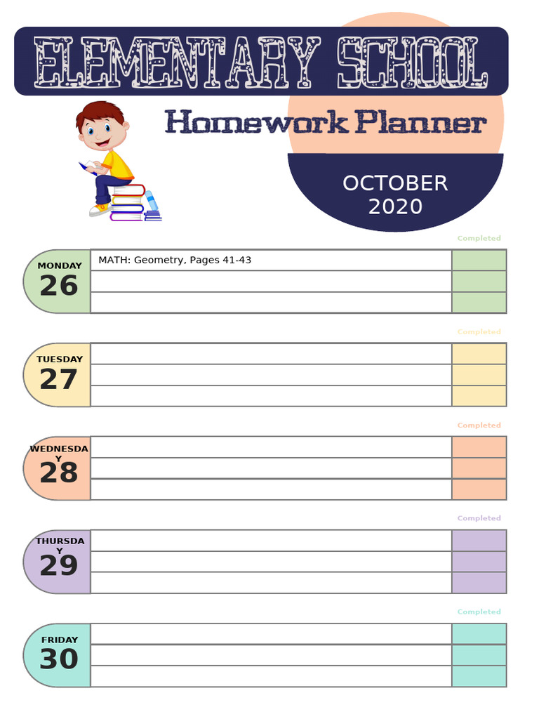 Elementary School Homework Planner Template | PDF