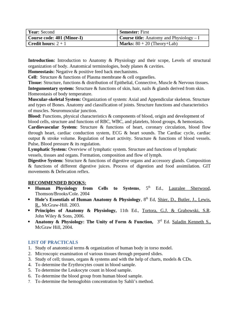Anatomy and Physiology Course Outline | PDF | Blood | Human Body