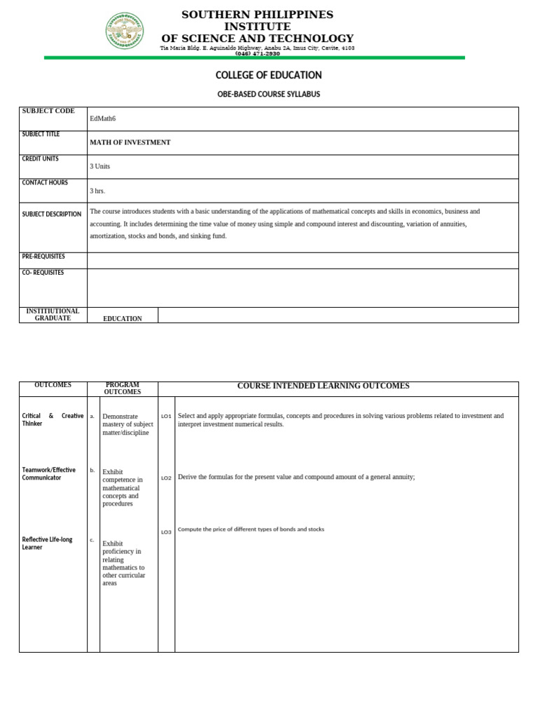 Math of Investment Course Syllabus | PDF | Bonds (Finance) | Present Value