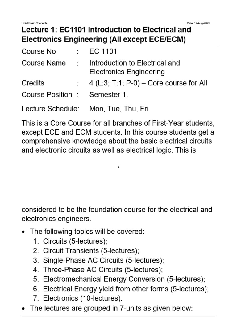 Lecture-1 Basic Concepts of Electrical Engineering 12aug25 | PDF | Electric Current | Voltage