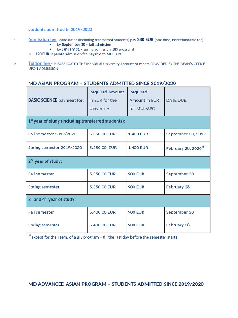 MD Tuition Fees for 2019/2020 | PDF | Fee | Services (Economics)