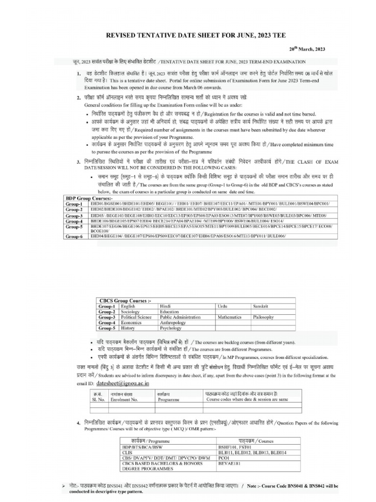 IGNOU Date Sheet June 2023 Revised | PDF