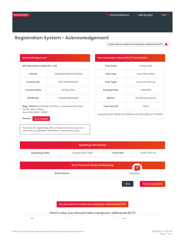 IELTS Registration Acknowledgement 2024 | PDF | International English ...