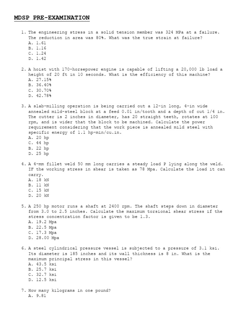 MDSP Pre-Examination Questions | PDF | Gear | Strength Of Materials