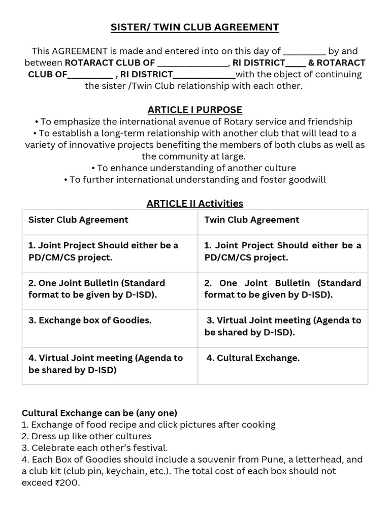 Sister/Twin Club Agreement Template | PDF