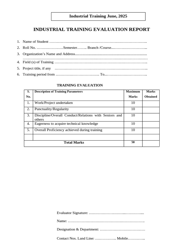 Indus. TRG Evaluation Report Proforma | PDF