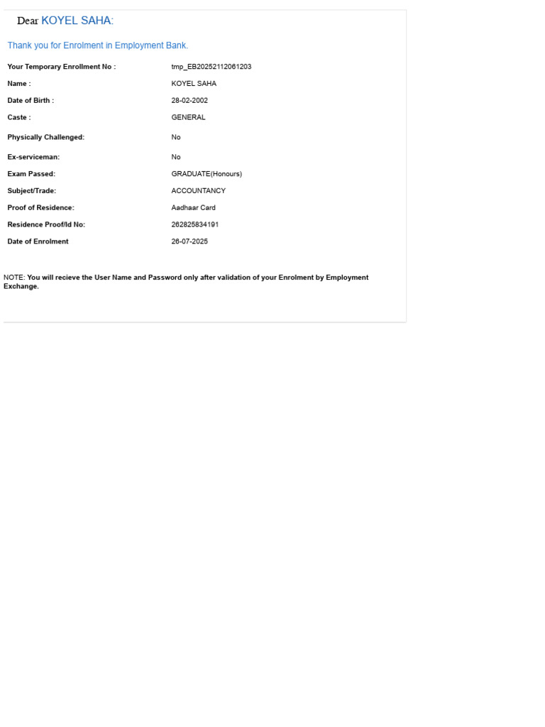 Employment Bank Enrollment Confirmation | PDF