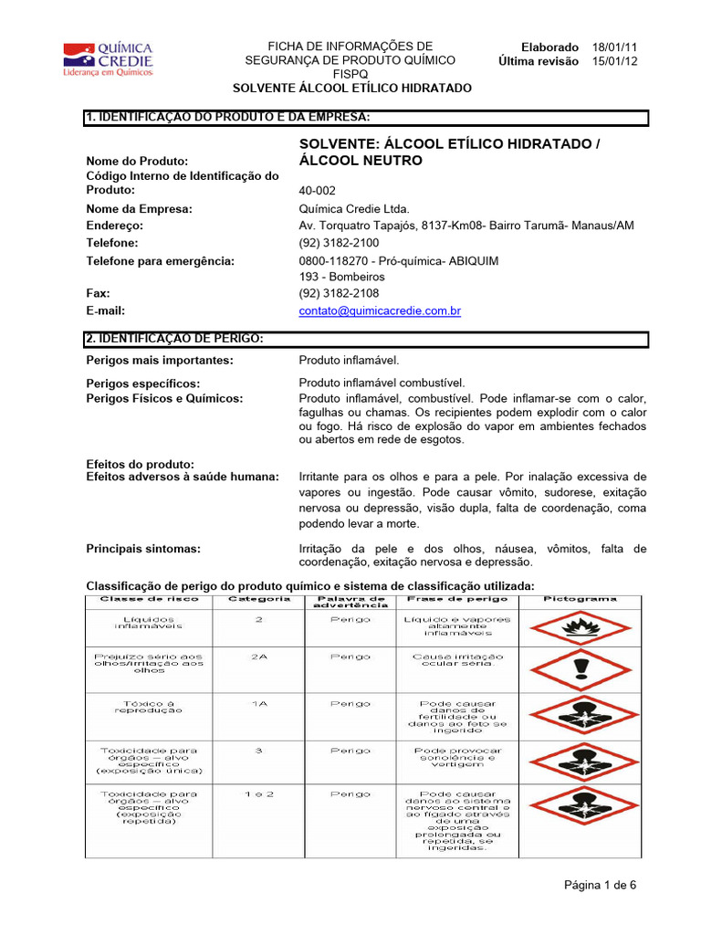 FISPQ: Álcool Etílico Hidratado | PDF | Etanol | Solvente