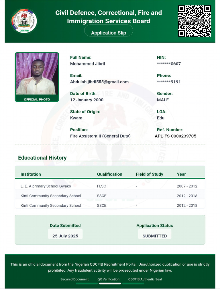 MOHAMMED JIBRIL Application Slip | PDF