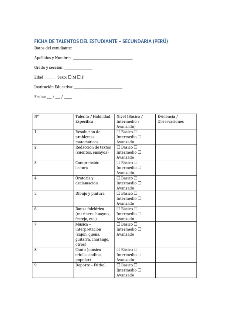 Ficha de Talentos Estudiantiles Perú | PDF