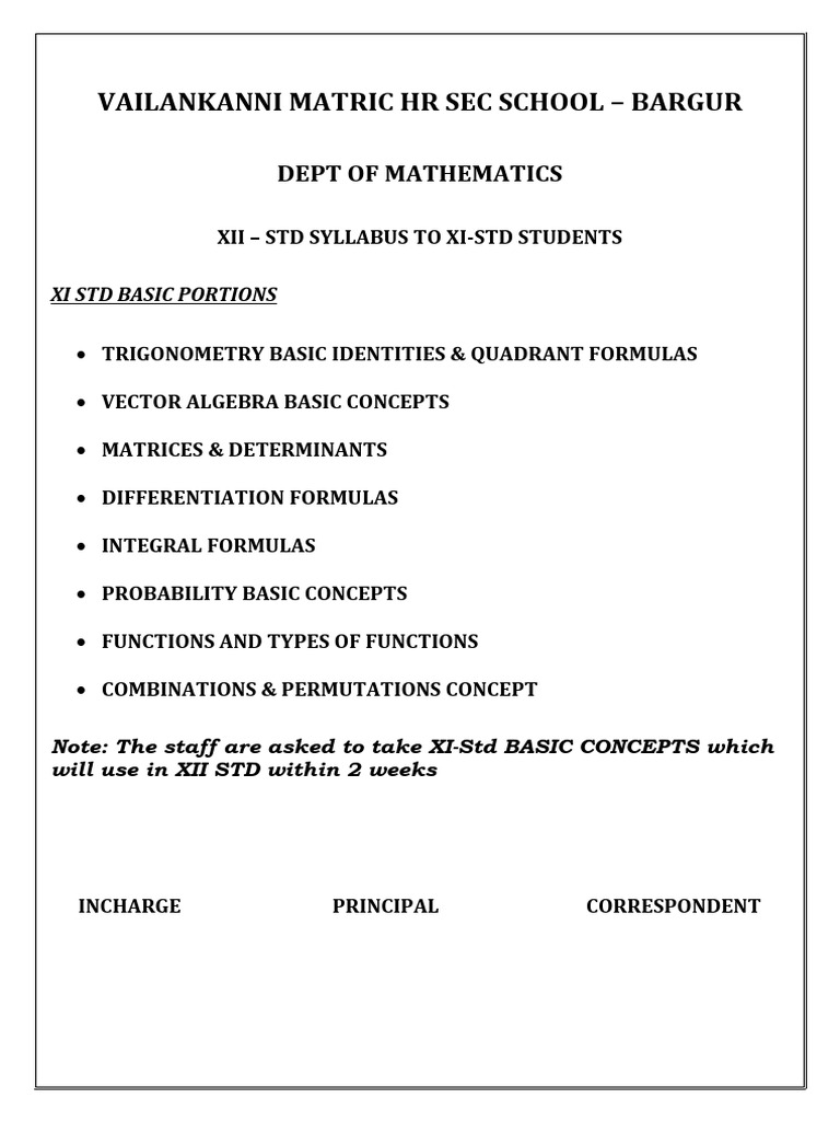 XII Std Math Syllabus for XI Students | PDF