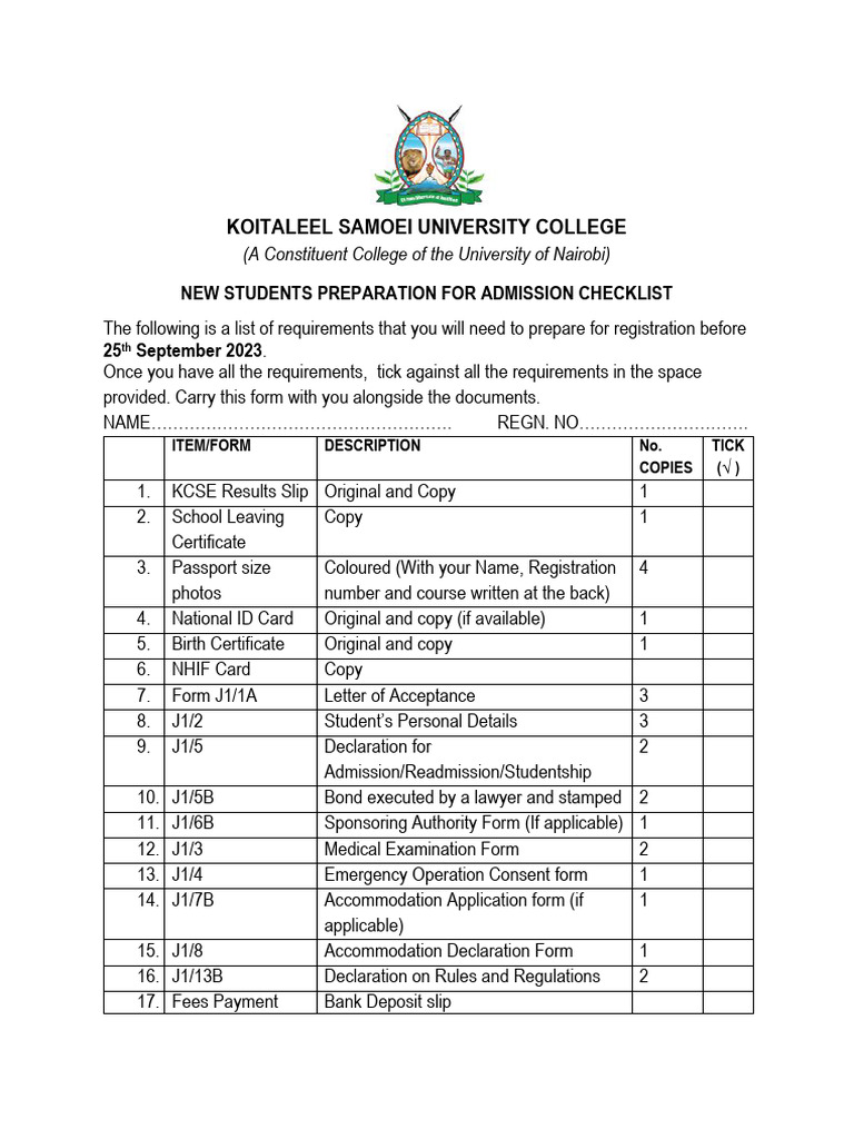 Koitalel Samoei University Admission Checklist | PDF