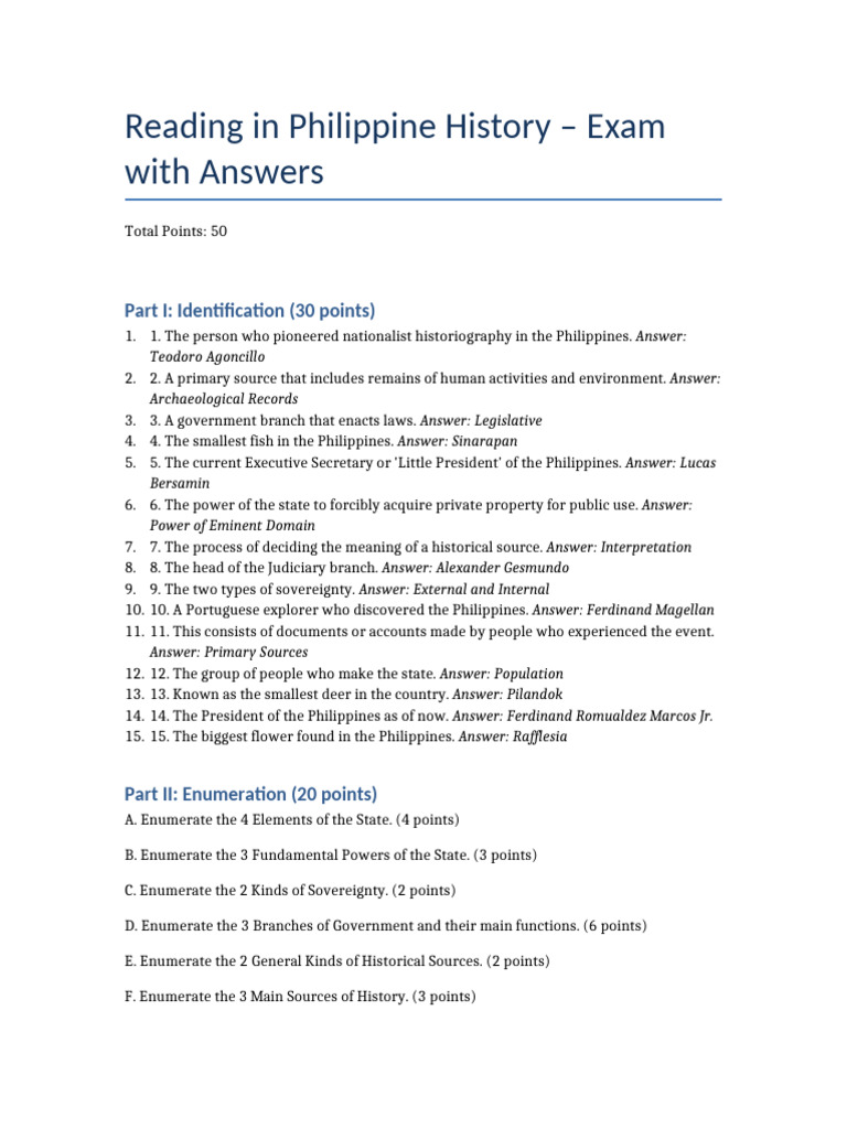 Philippine History Exam with Answers | PDF