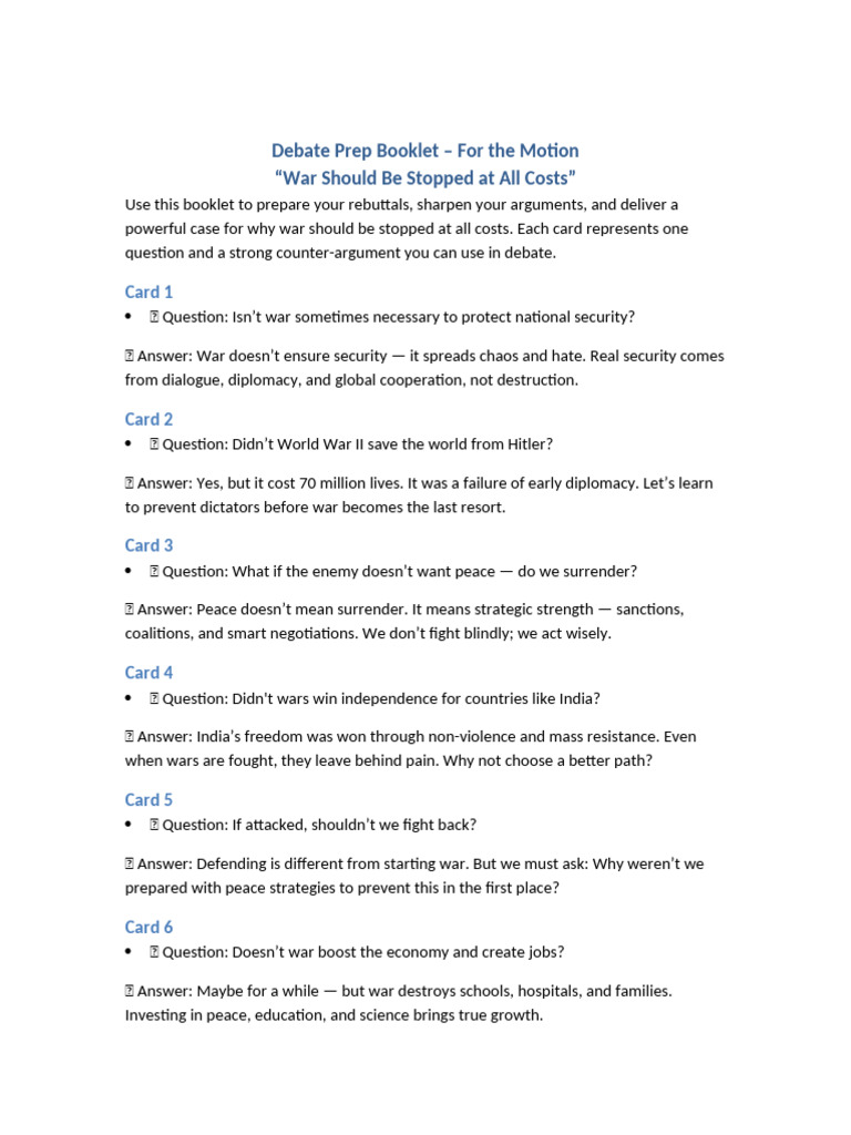Debate Prep Booklet War Should Be Stopped | PDF | Peace | Conflicts