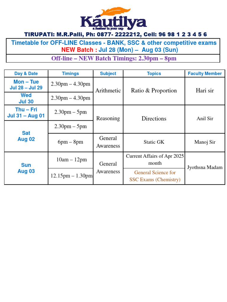 Weekly Time Table of NEW Batch Classes - Jul 28 - Aug 03 For BANK & SSC ...
