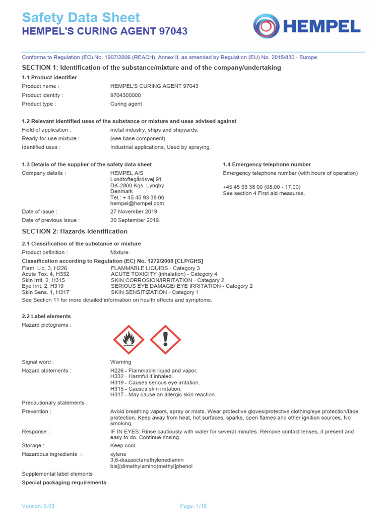 FDS Hempel's Curing Agent 97043 | PDF