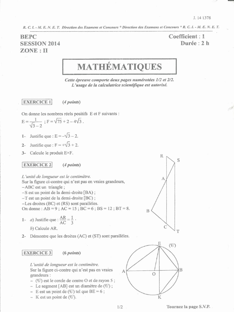 RCI-BEPC-2014-Zone2-Maths | PDF