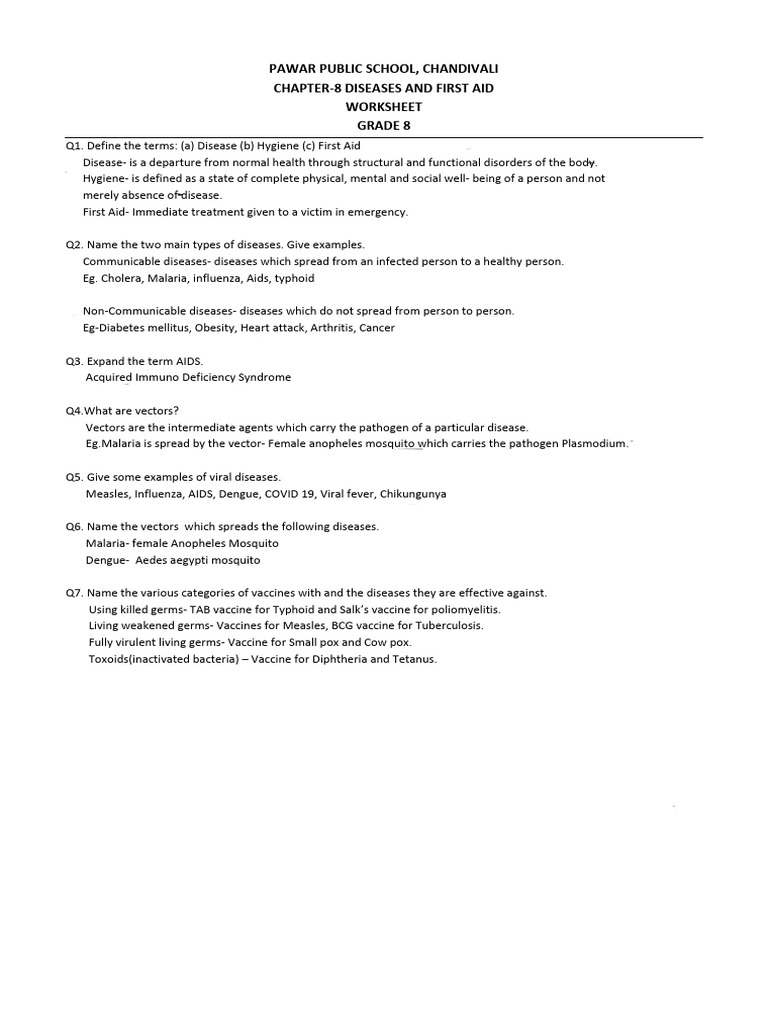 Diseases and First Aid Worksheet for Grade 8 | PDF