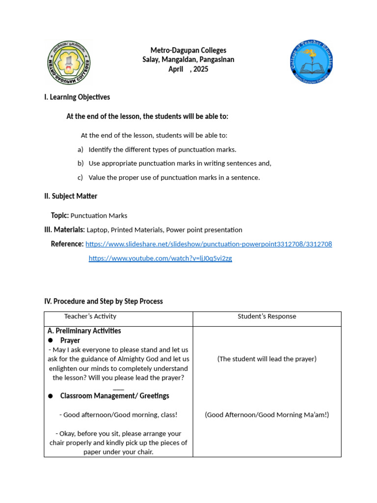 Lesson Plan Dea Tiled Punctuation Marks | PDF | Punctuation | Sentence (Linguistics)