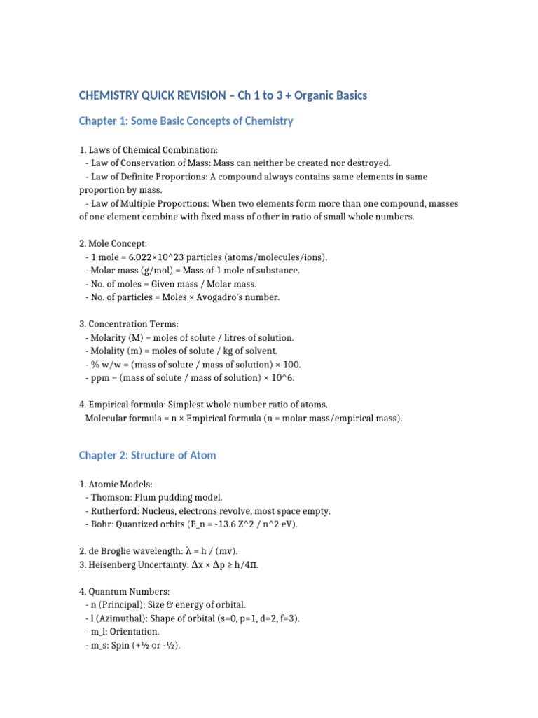 Chemistry Quick Revision With Qs | PDF | Mole (Unit) | Chemistry