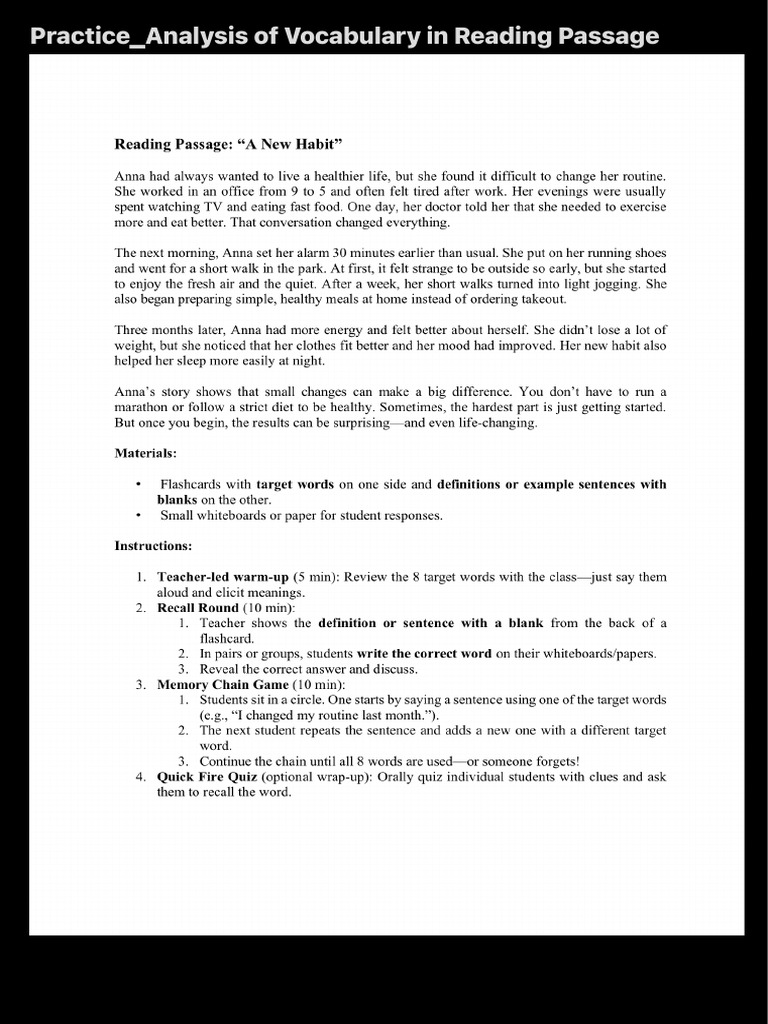 Practice - Analysis of Vocabulary in Reading Passage | PDF