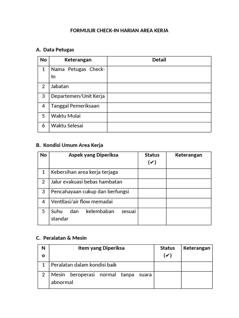Formulir Check-In Harian Area Kerja | PDF