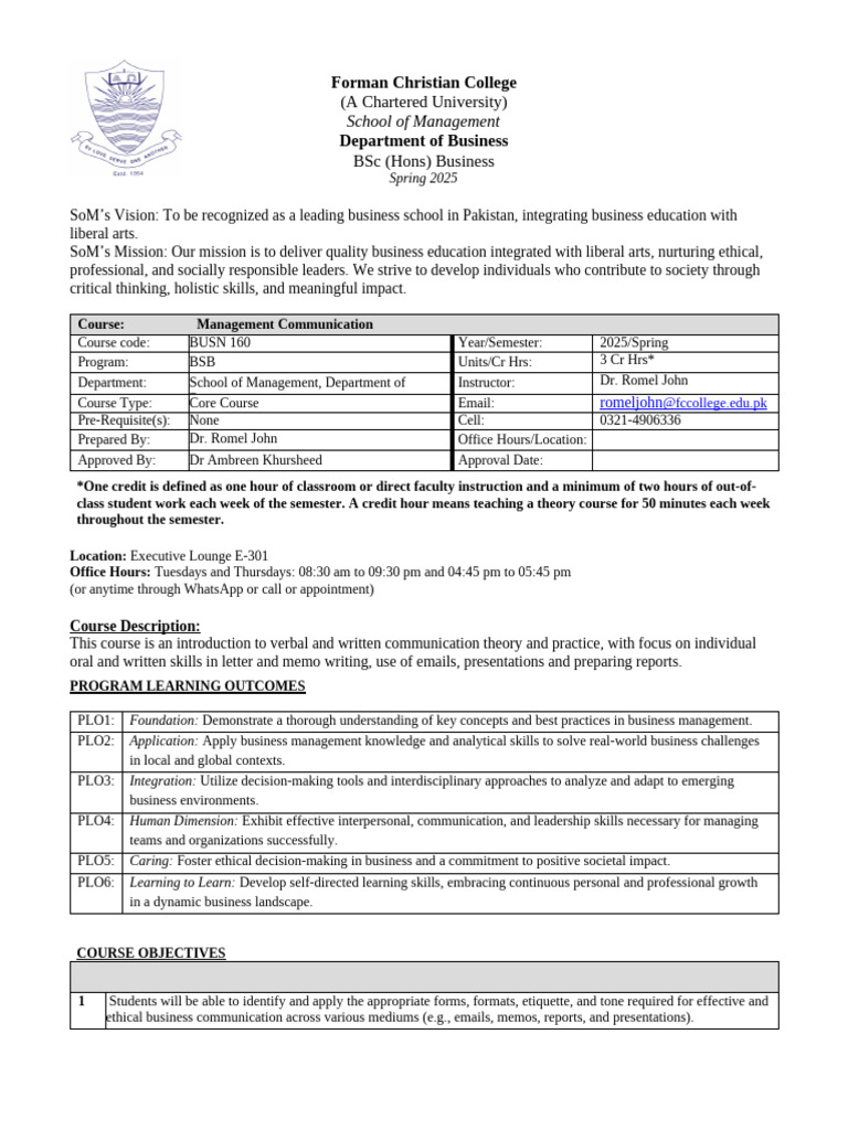 Spring 2025 - Dr. Romel John - 160 Management Communication | PDF ...