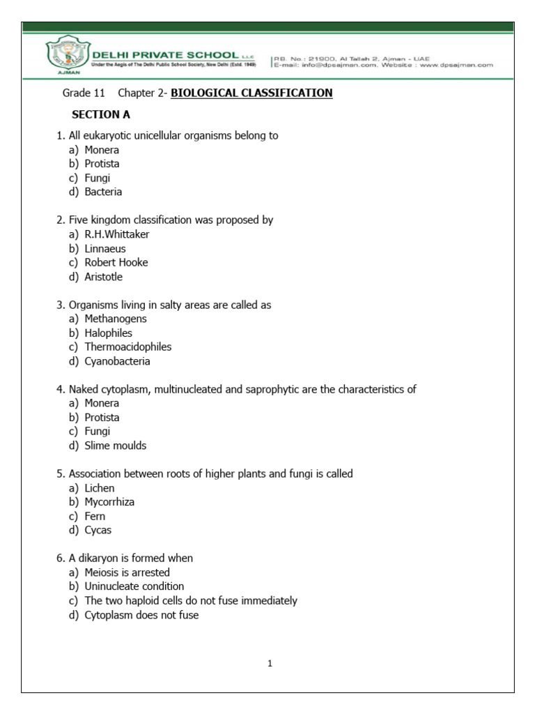 Class 11 Biological Classification Worksheet | PDF | Fungus | Life Sciences
