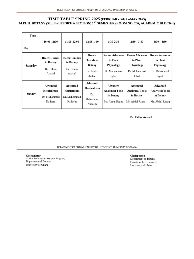 Time Table MPhil Botany Spring 2025 Weekend | PDF | Life Sciences ...