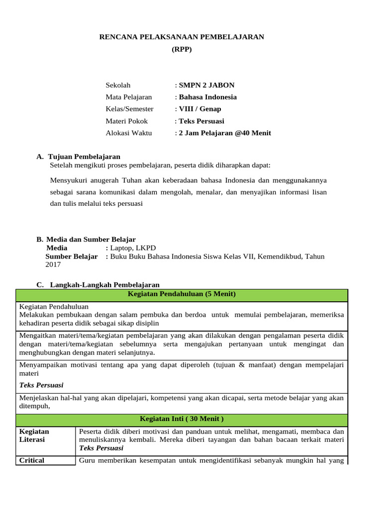 RPP Teks Persuasi Kelas VIII SMPN 2 Jabon | PDF