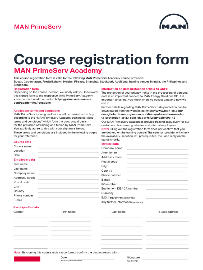 MAN PrimeServ Academy Registration Form | PDF