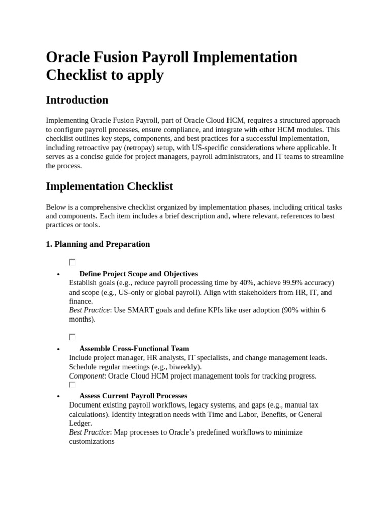 Oracle Fusion Payroll Implementation Checklist To Apply | PDF | Payroll ...