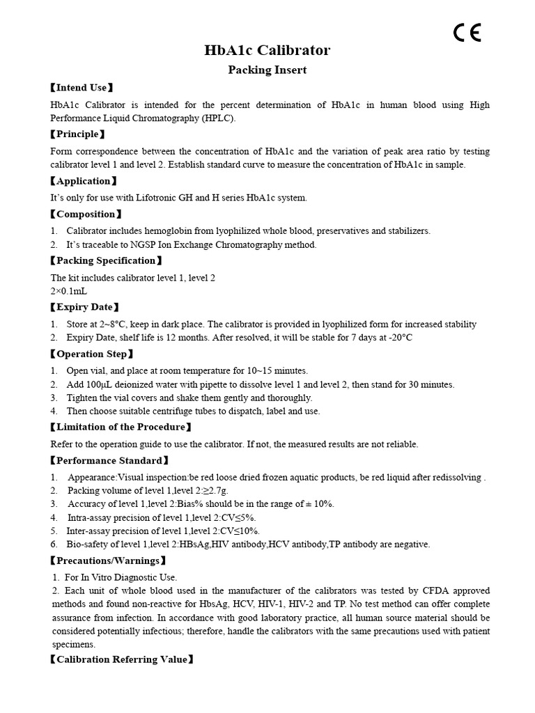 HbA1c Calibrator Packing Insert | PDF | Glycated Hemoglobin | Hepatitis C