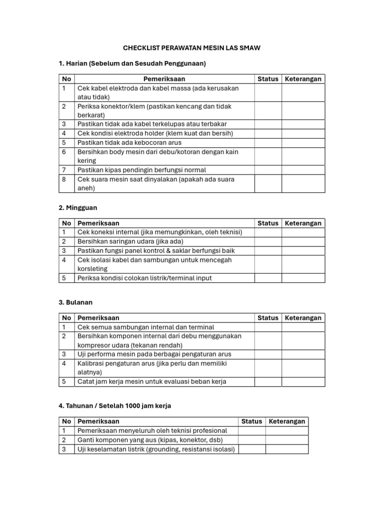 Checklist Perawatan Mesin Las SMAW | PDF