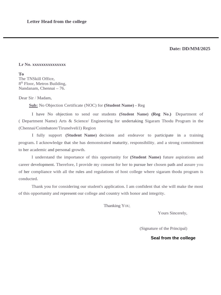 NOC Certificate for Student Training | PDF