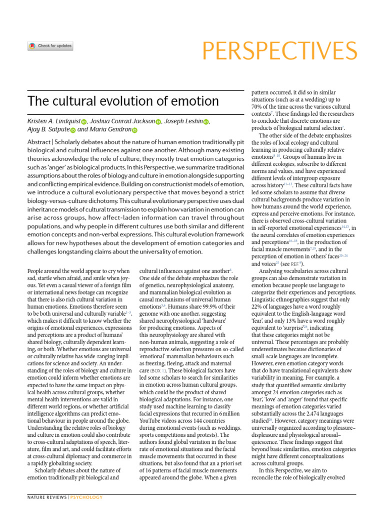 The Cultural Evolution of Emotion - Kristen A. Lindquist | PDF ...