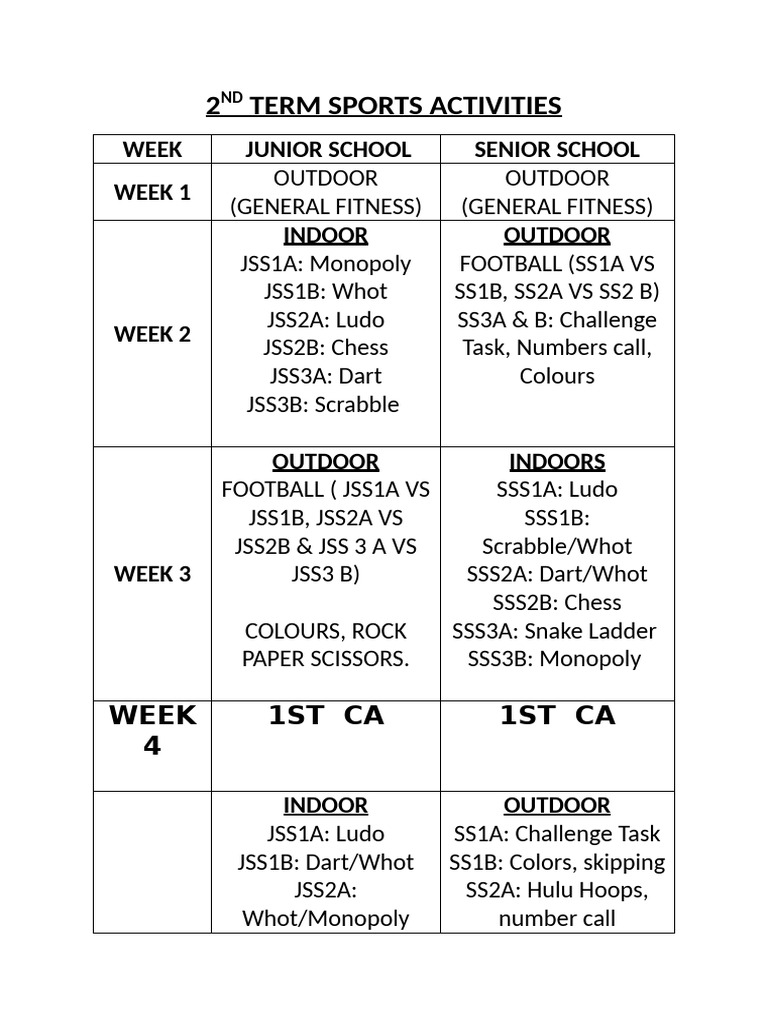 Term Sports Activities Schedule | PDF