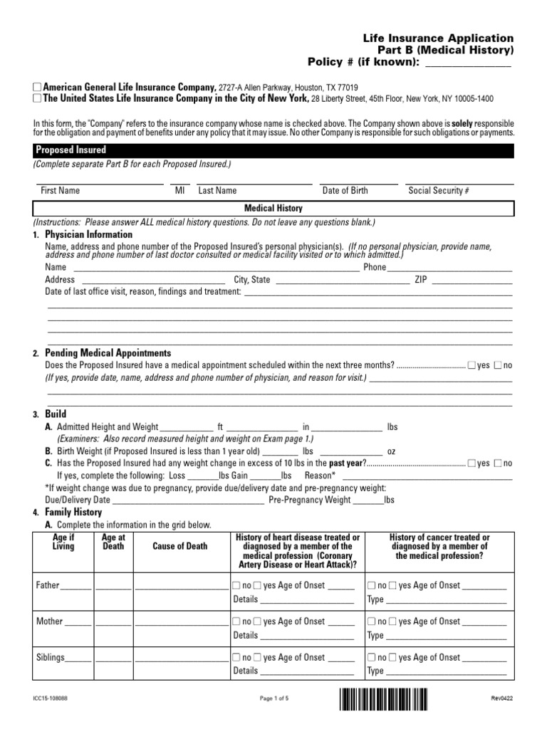 Life Insurance Medical History Form | PDF | Mental Disorder | Blood ...