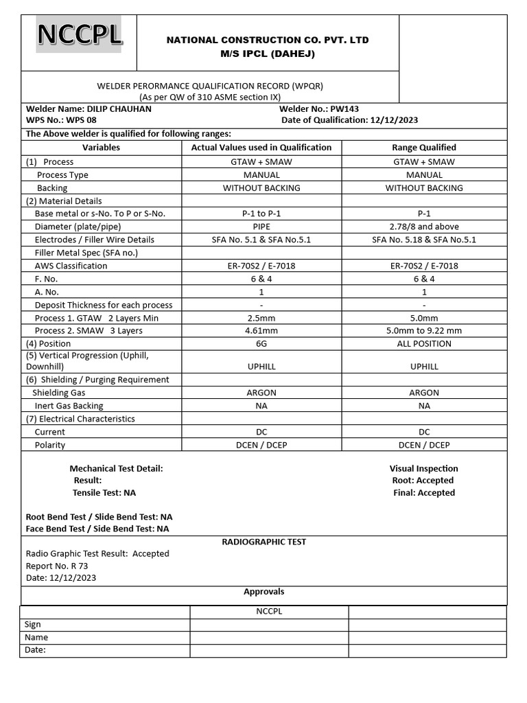 Welder Performance Qualification Record | PDF | Welding | Construction