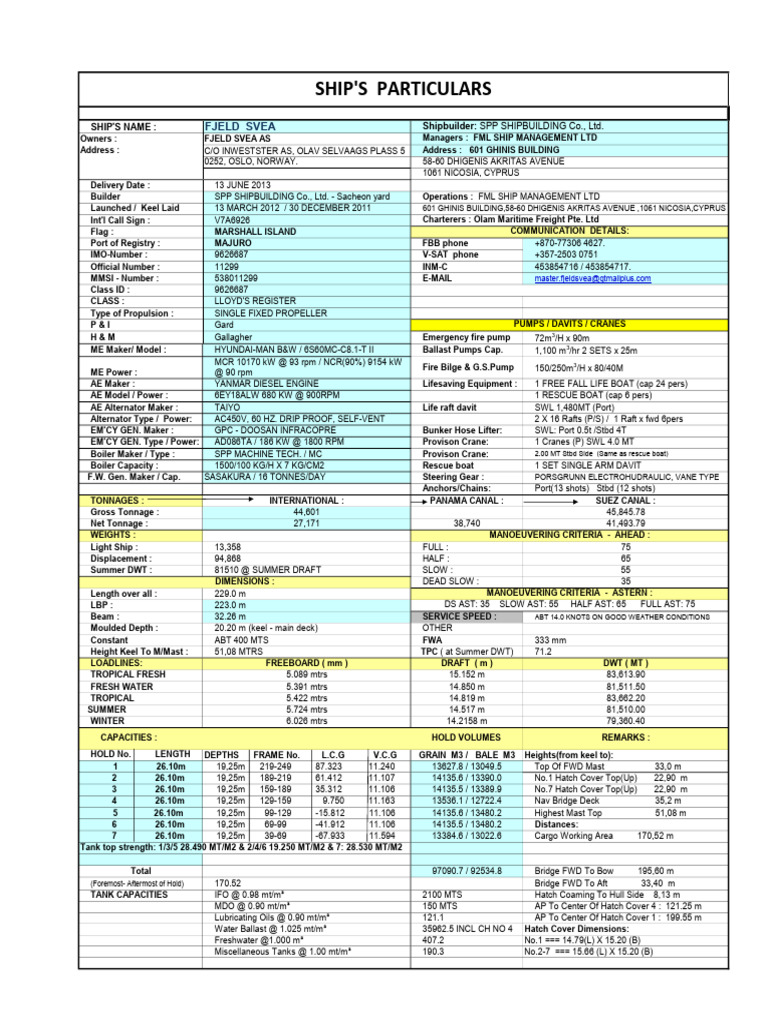 Ship's Particulars Fjeld Svea | PDF | Tonnage | Ships