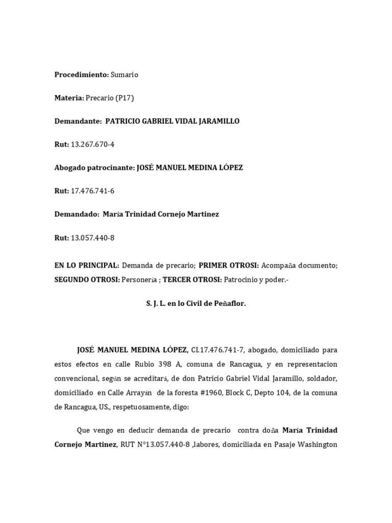 Demanda de Precario | PDF | Ley común | Derecho Civil (Common Law)