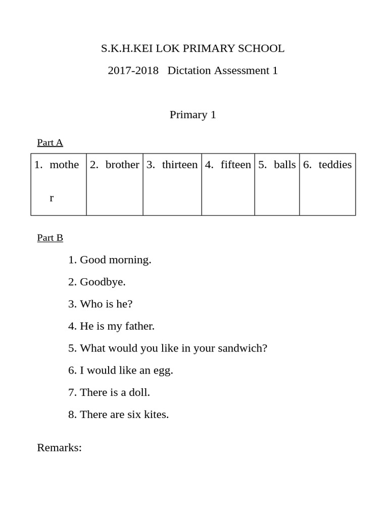 Primary 1 Dictation Assessment 2017-18 | PDF