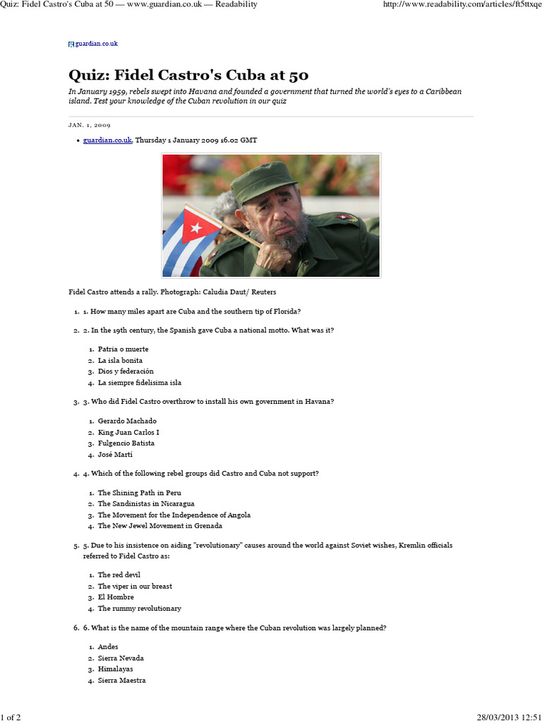 Quiz - Fidel Castro's Cuba at 50 | PDF | Fidel Castro | Cuban Revolution