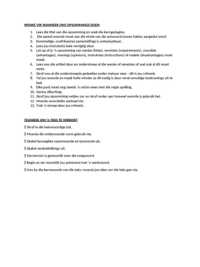 Opsomming Wenke | PDF