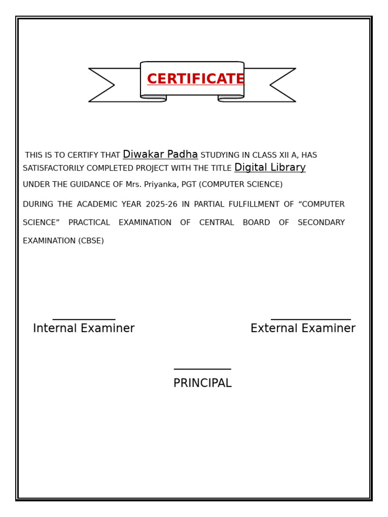 Digital Library Project Certificate | PDF