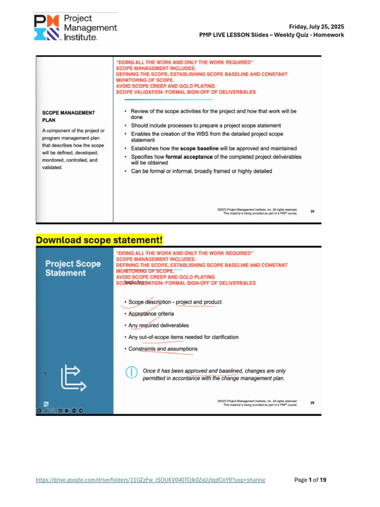 PMP Live Lesson Quiz & Homework Guide | PDF