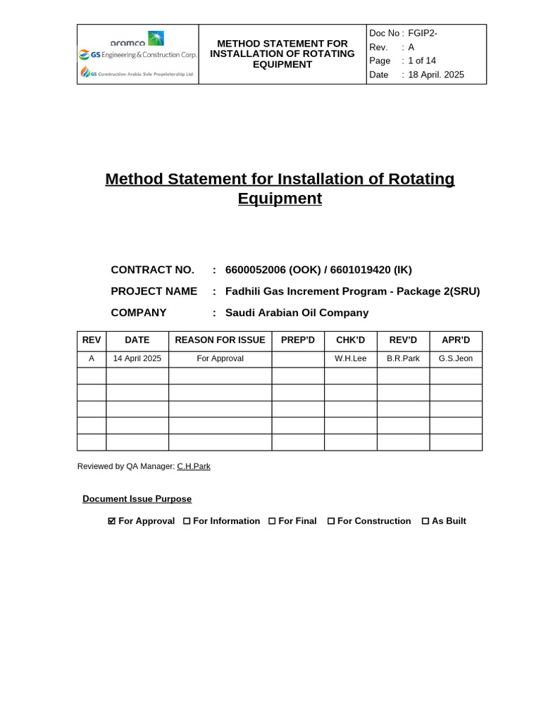 Method Statement For Installation of Rotating Equipment | PDF | Pump ...