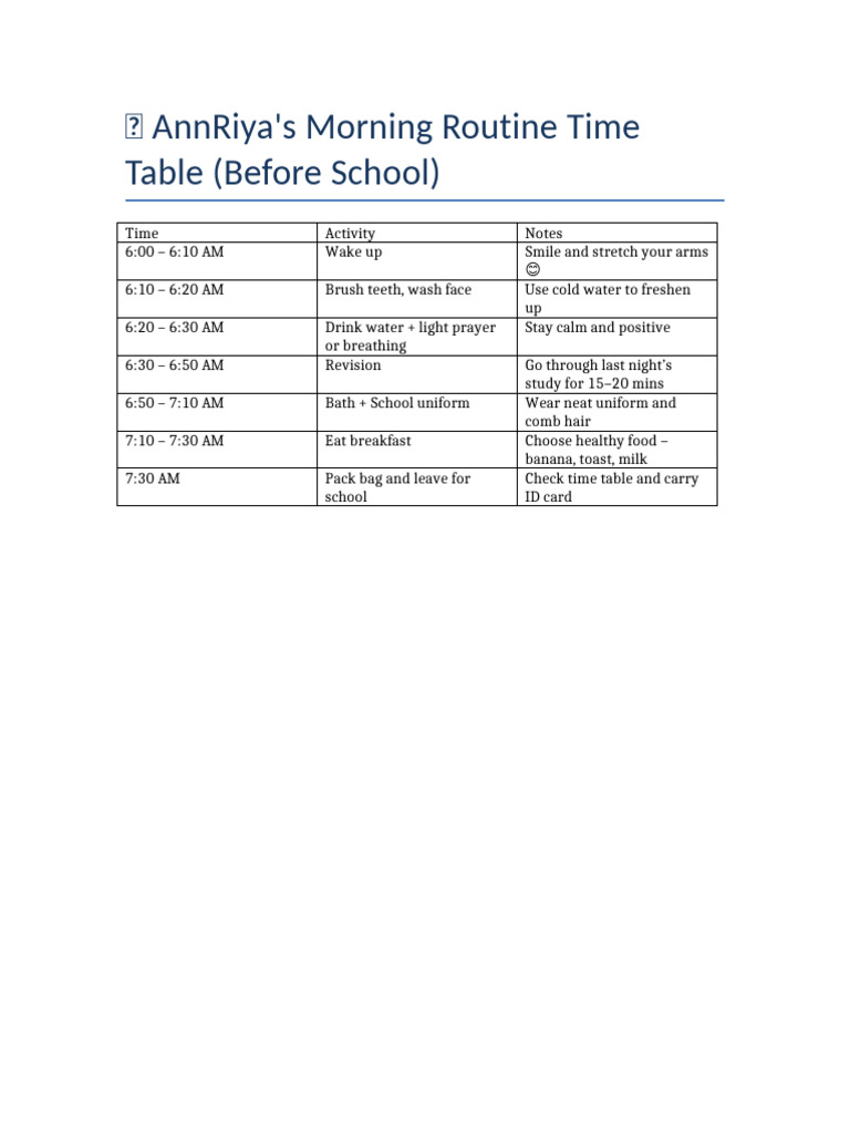 AnnRiya Morning Timetable Before School | PDF